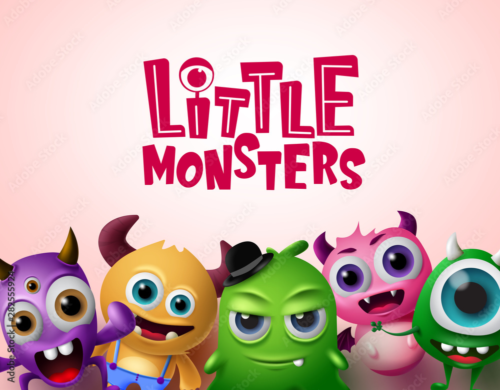 Cute little monsters 3d realistic characters vector background template ...