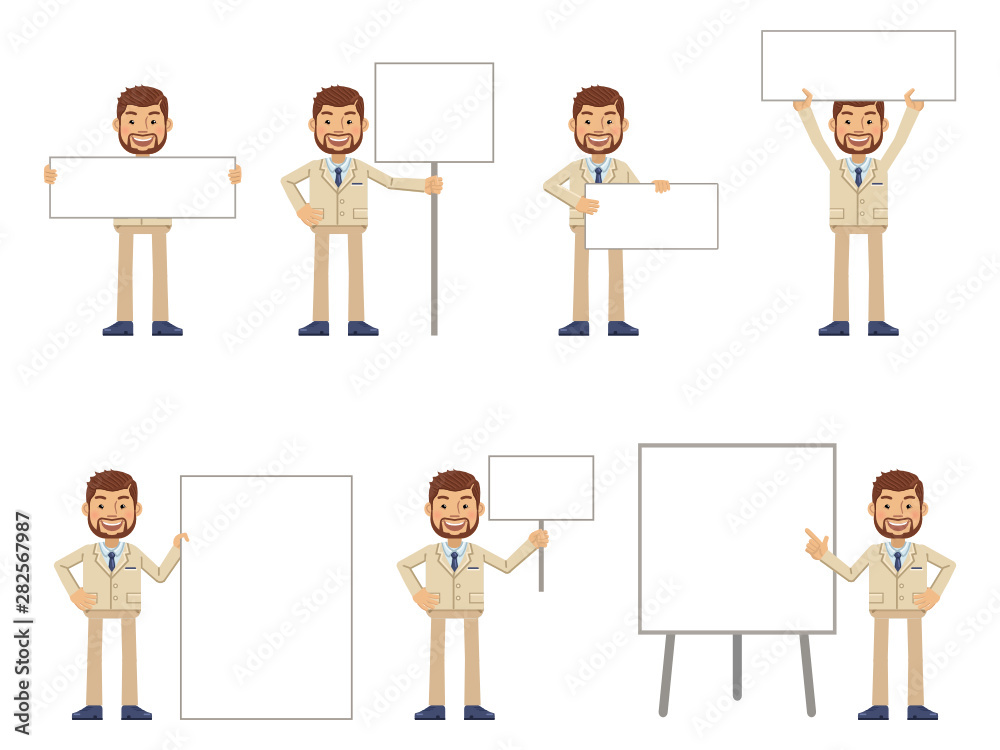 Set of businessman characters posing with different blank banners ...