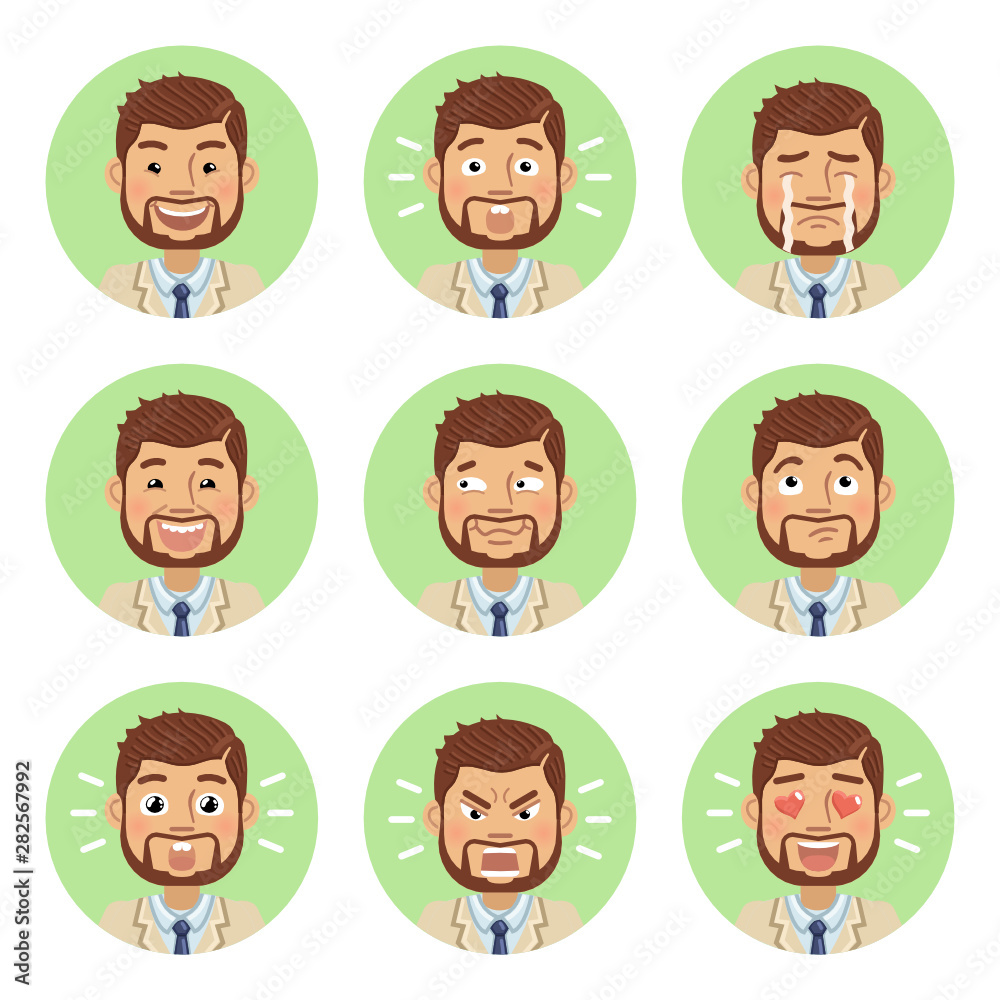 Set of businessman emoticons. Man avatars showing different emotions. Happy, smile, sad, cry ...