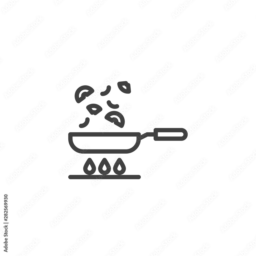 Frying vegetables on pan line icon. Cooking process linear style sign ...