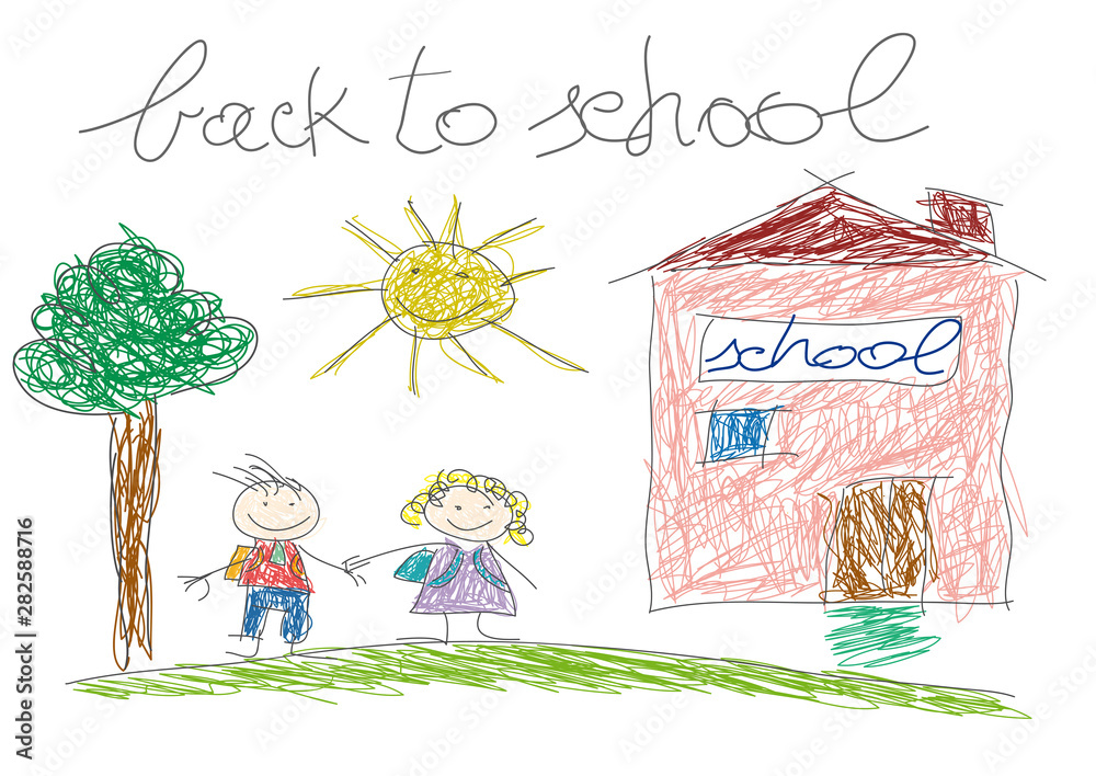 Back to school. Children in front of the school. Vector drawing made by ...