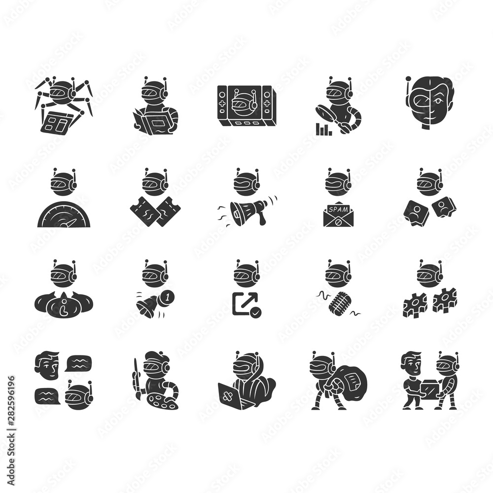 Bot types glyph icons set. Crawler, hacker, spambot, impersonator, scraper, propaganda ...