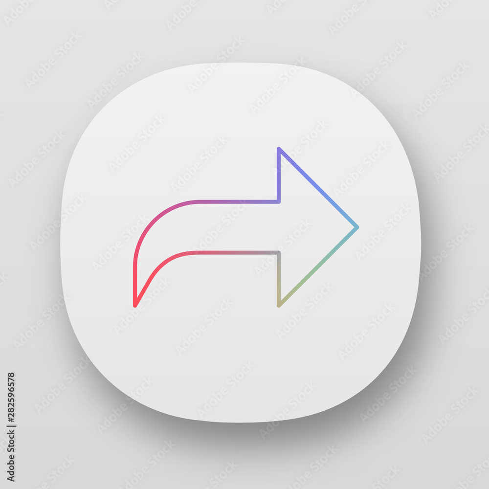 Right curved arrow app icon. Direction sign. Navigation arrowhead. Forward pointing cursor ...