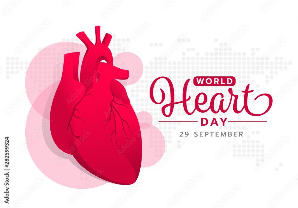 World heart day with red pink human heart sign on abstract dot world ...