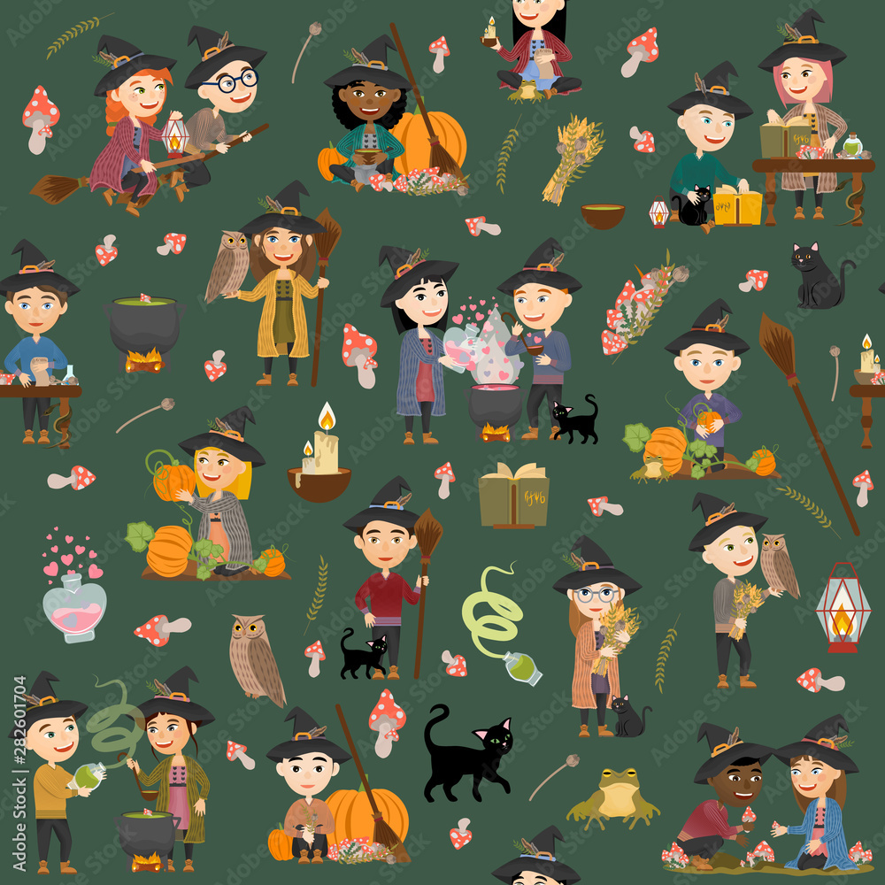 Cute witch seamless pattern. Witches and wizards gather mushrooms and ...
