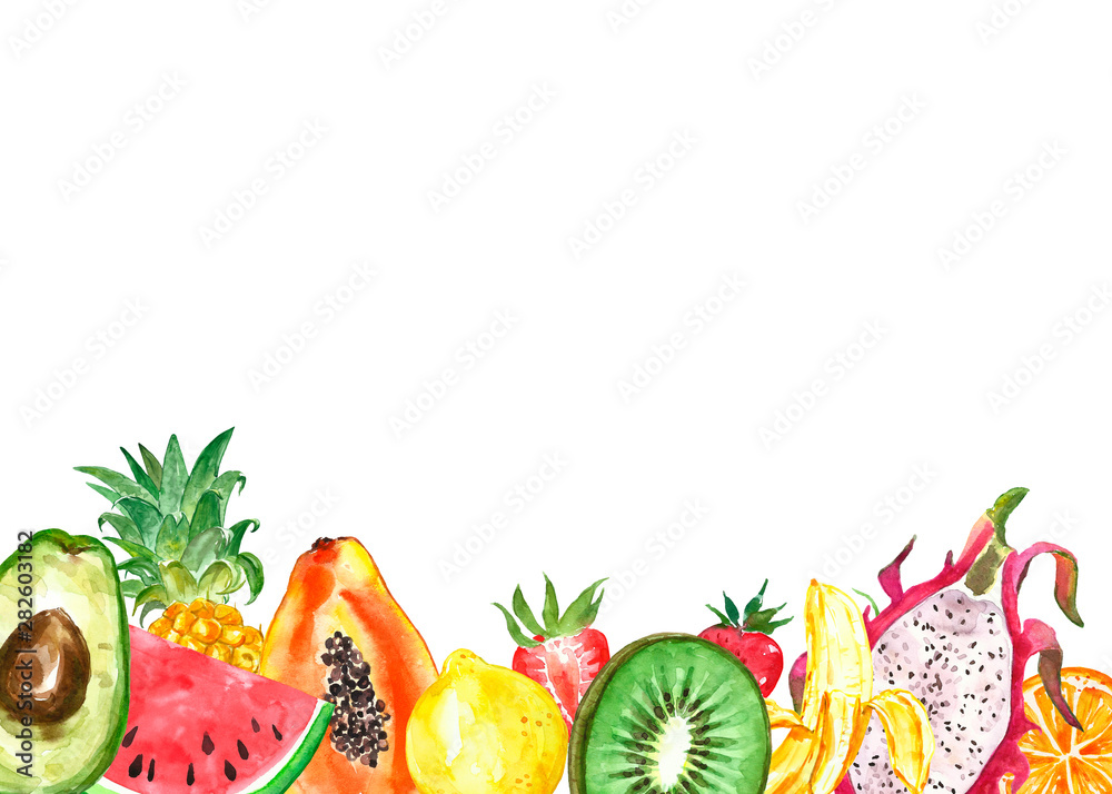 Watercolor summer exotic fruits frame on white background . Hand ...