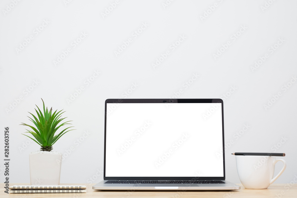 Laptop computer blank screen on wood desk. Minimal style desk. Stock ...