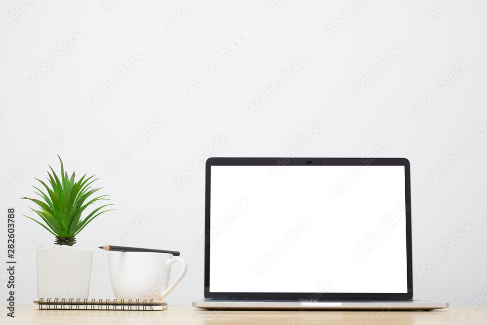Laptop computer blank screen on wood desk. Minimal style desk. Stock ...