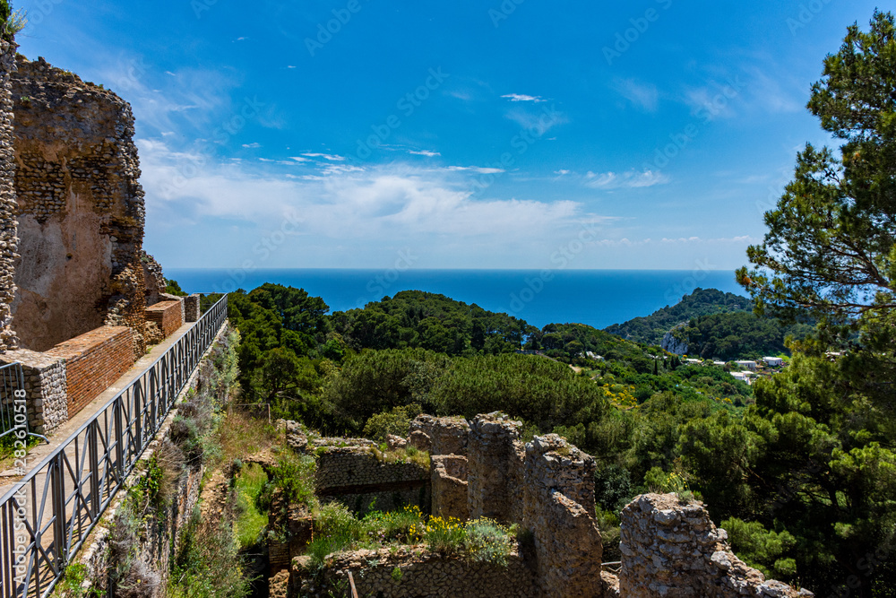 Italy, Capri, view and details of the archaeological remains of the ...