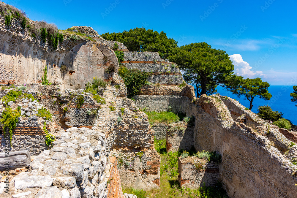 Italy, Capri, view and details of the archaeological remains of the ...