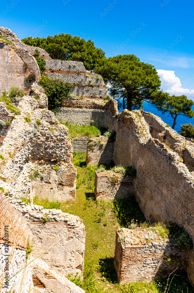 Italy, Capri, view and details of the archaeological remains of the ...