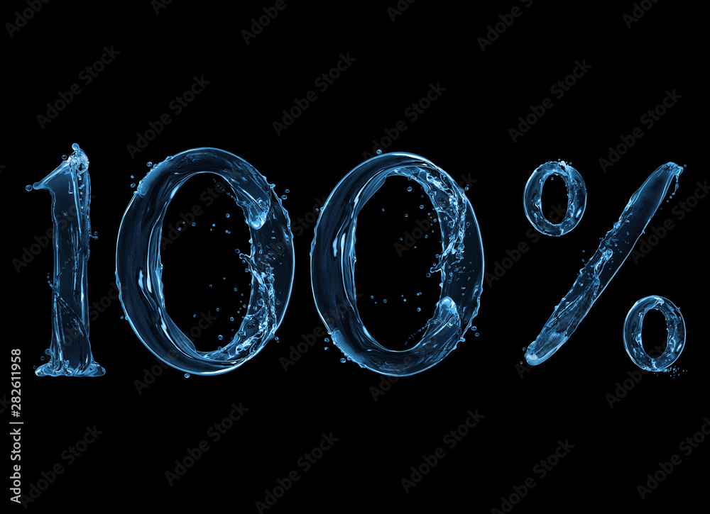 Number 100 and percent sign made with a splash of water on a black ...