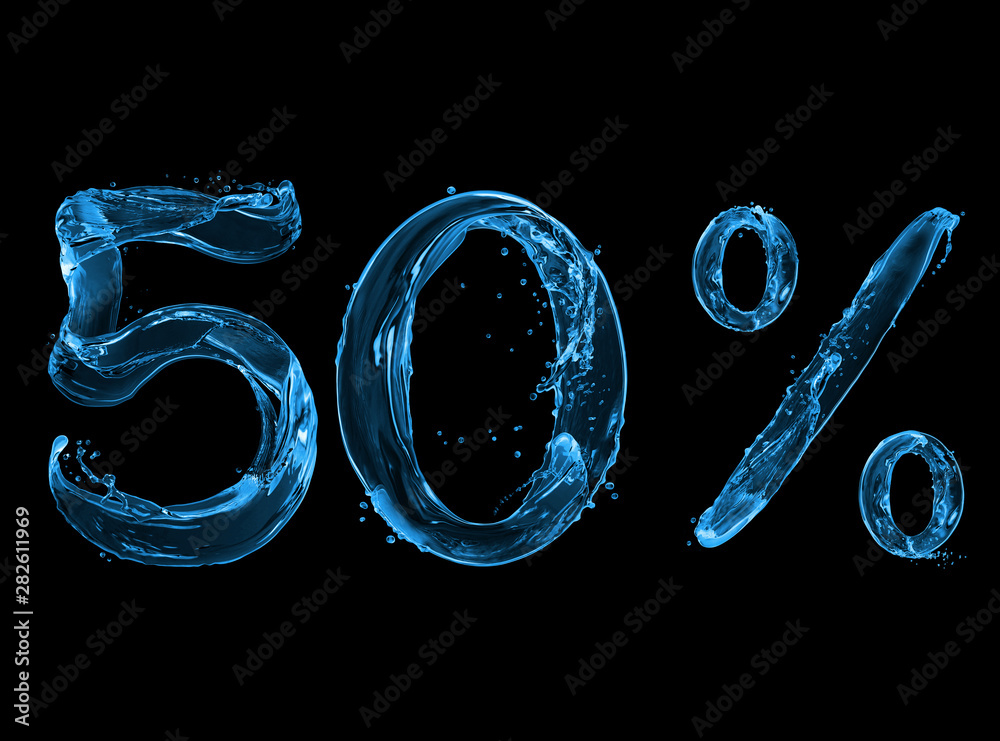 Number 50 and percent sign made with a splash of water on a black ...
