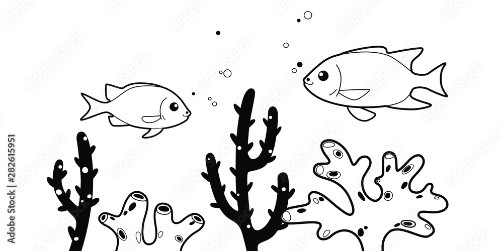 Underwater banner with fishes. Vector illustration. Coloring book for ...
