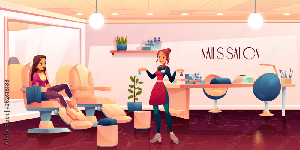 Woman in pedicure salon for nails care beauty procedures, master ...