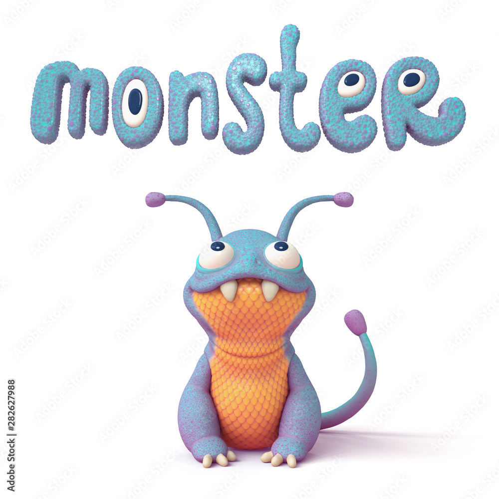 3d illustration of a cute little cartoon blue monster with a yellow ...