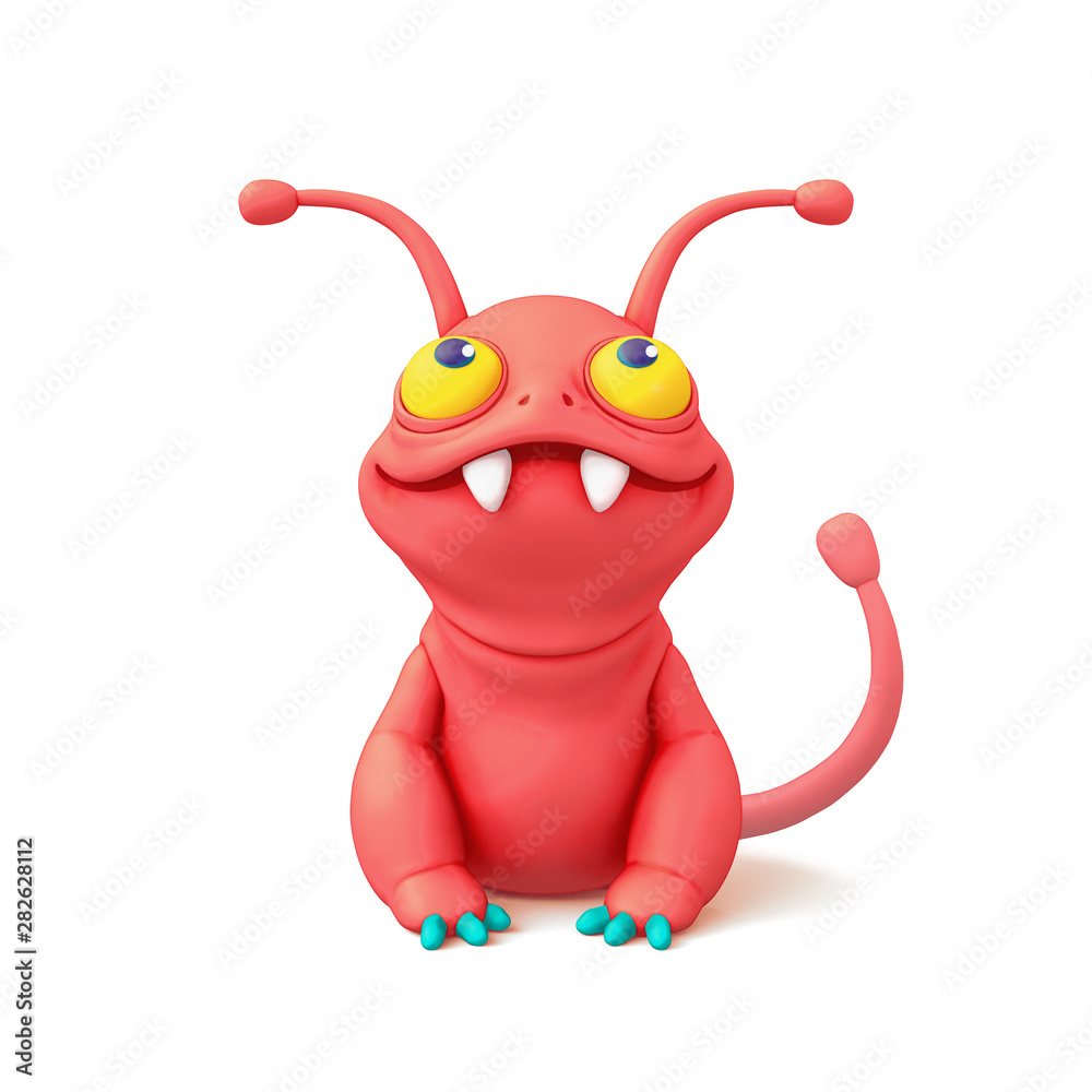 3d digital illustration of a cute little cartoon red monster sitting on ...