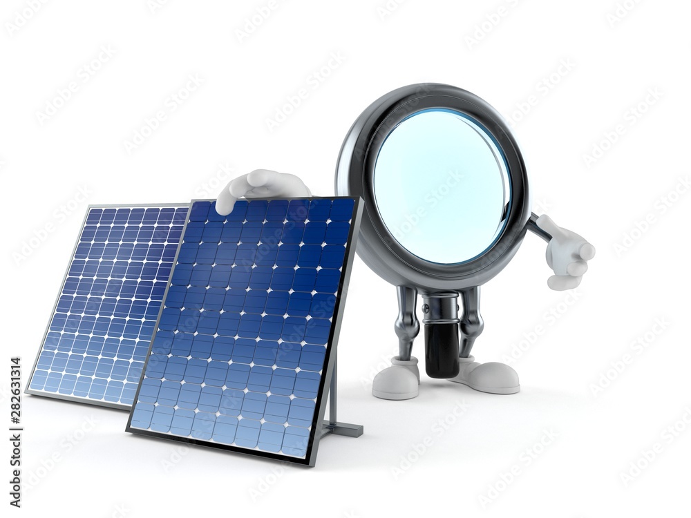 Magnifying glass character with photovoltaic panel Stock Illustration ...