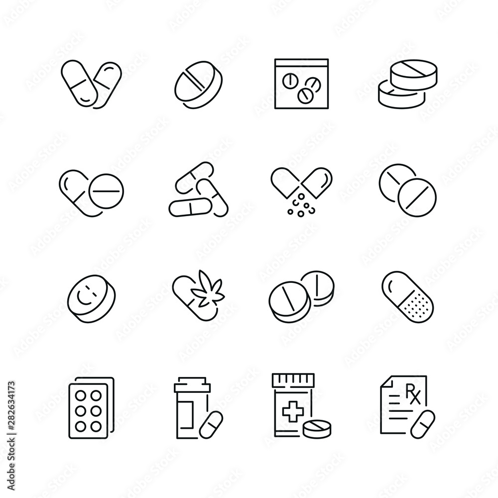 Pills related icons: thin vector icon set, black and white kit Stock ...