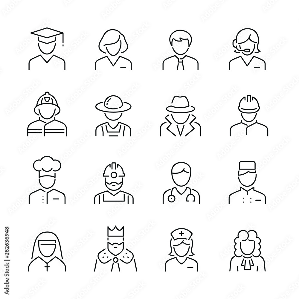 Professions related icons: thin vector icon set, black and white kit ...