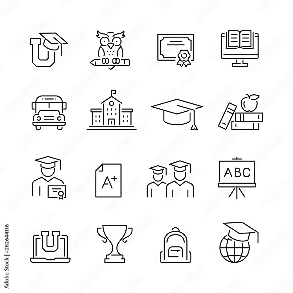 Education related icons: thin vector icon set, black and white kit ...