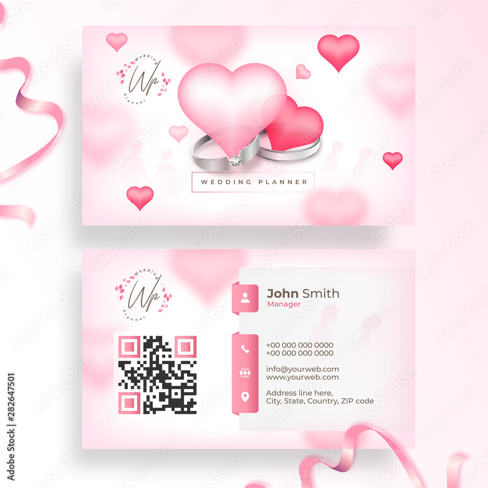 Horizontal template or visiting card design with hearts shape and rings ...