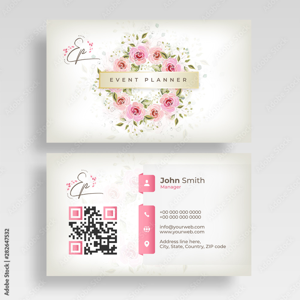 Event Planner Visiting Card Design Decorated With Flowers In Front And Event Planner Visiting Card Design Decorated With Flowers In Front And