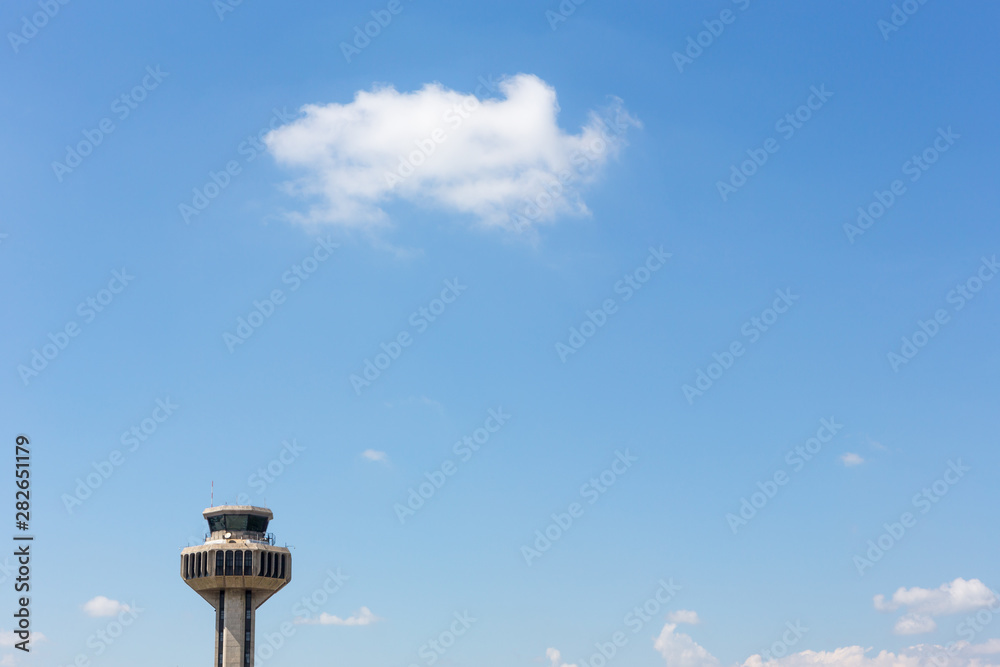 Air traffic control tower made of concrete in international airport ...