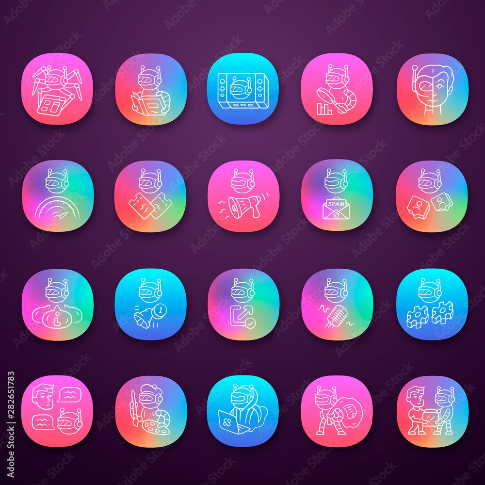 Bot types app icons set. Crawler, hacker, spambot, impersonator ...