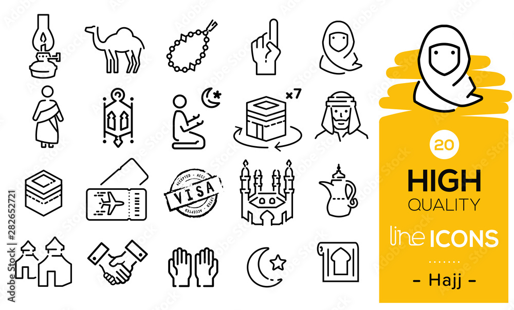 Hajj season icons set including mosque, Muslim icons, religious items ...