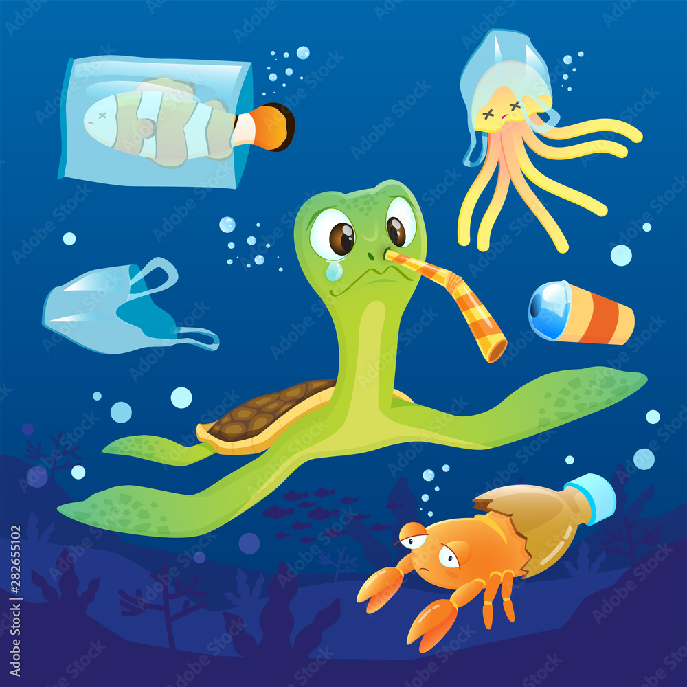 Ocean pollution on sea turtle and sea animals, Sad of sea animal. Stock ...