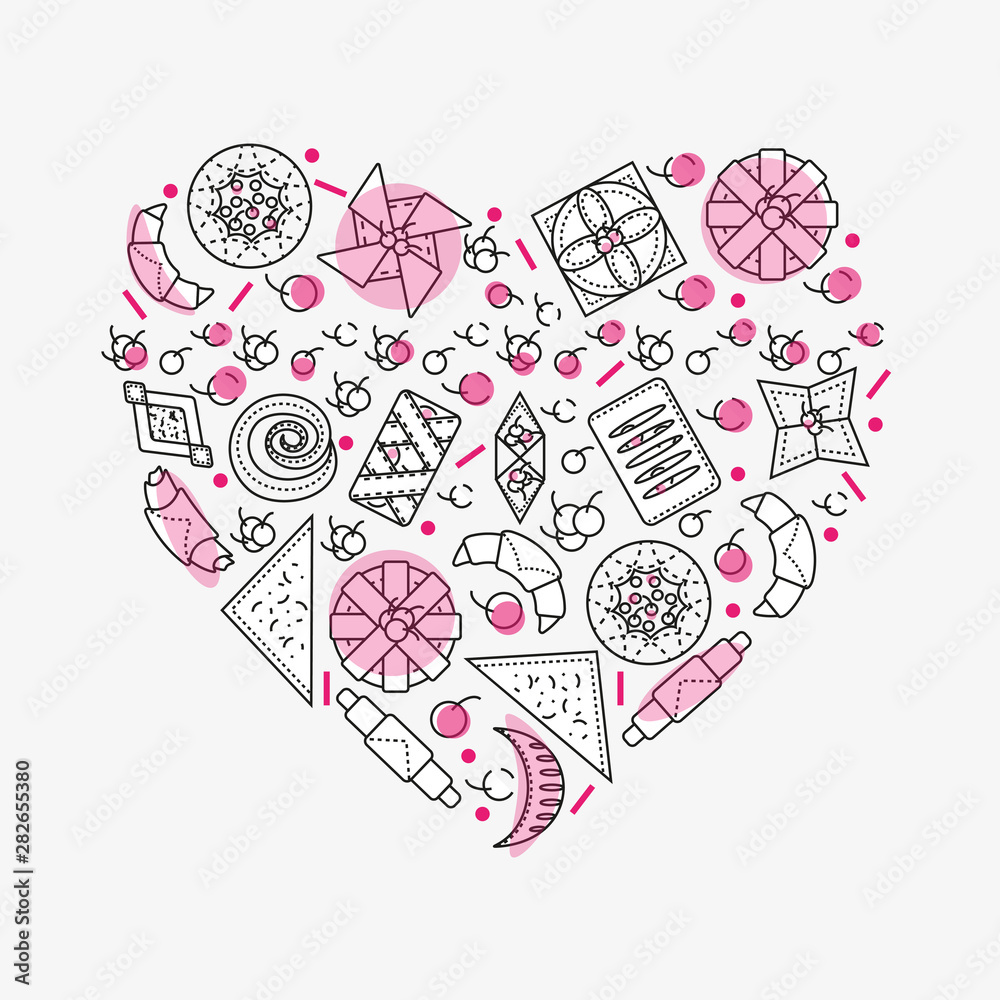 Heart shape made of pastry and puff buns. Vector drawing set of baked ...