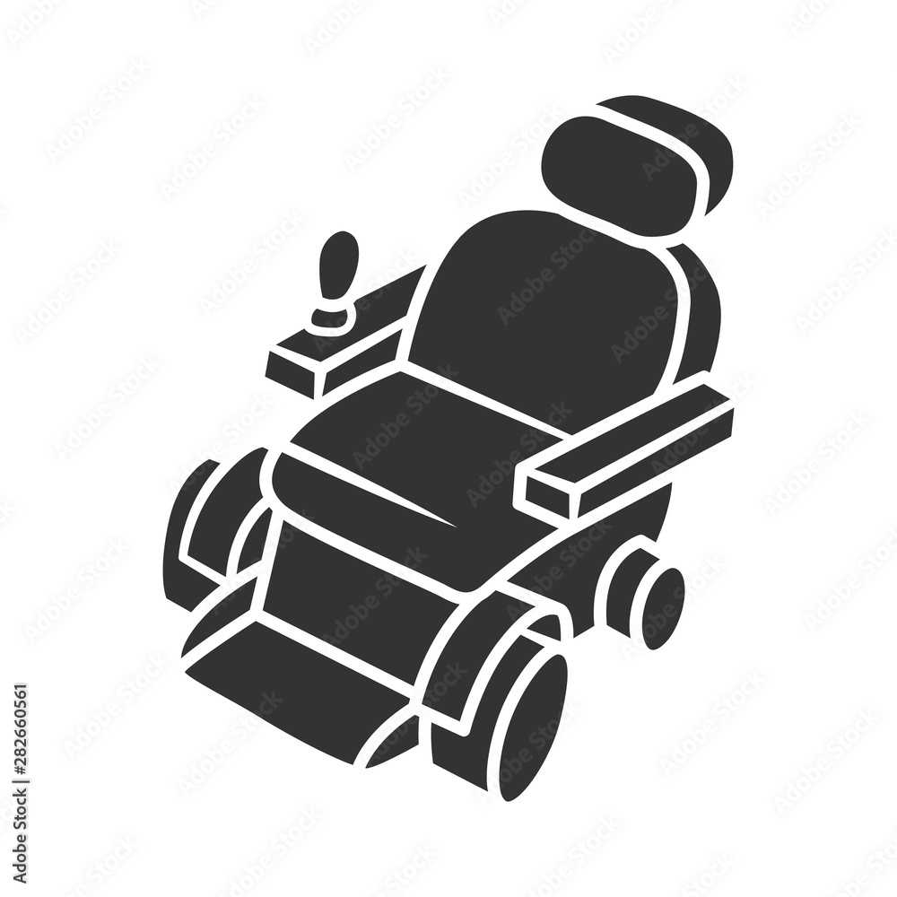 Motorized wheelchair glyph icon. Mobility aid device for physically ...