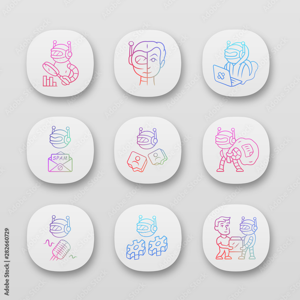 Internet bots app icons set. Hacker, voice, spam, impersonator, monitoring, scraper robots ...