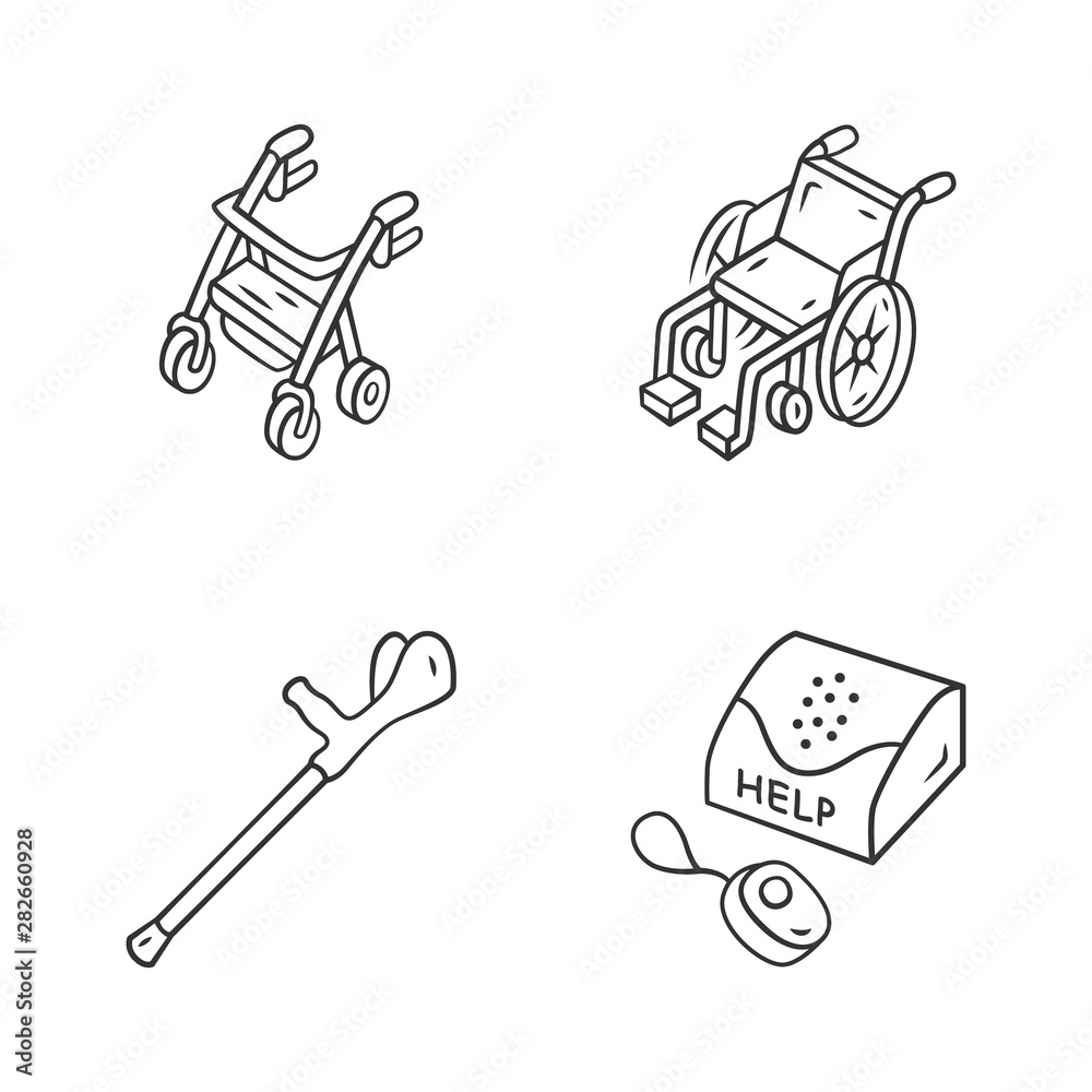 Disabled devices linear icons set. Rollator, manual wheelchair, forearm ...