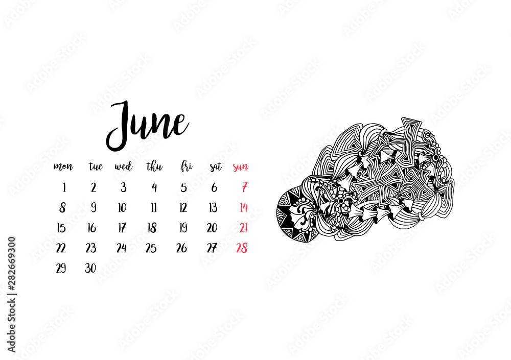 Monthly desk calendar horizontal template 2020 for month June. Week ...