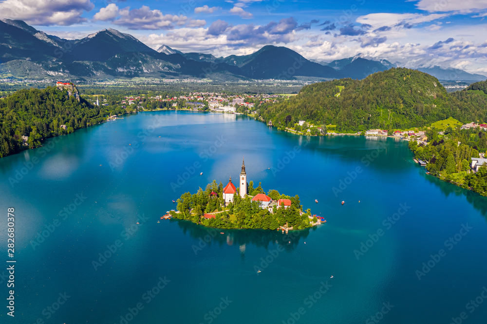 Bled, Slovenia - Aerial panoramic skyline view of Lake Bled (Blejsko ...