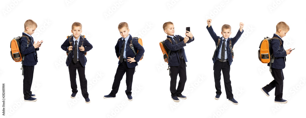 Schoolboy in full-length uniform. Different poses and emotions. Collage ...