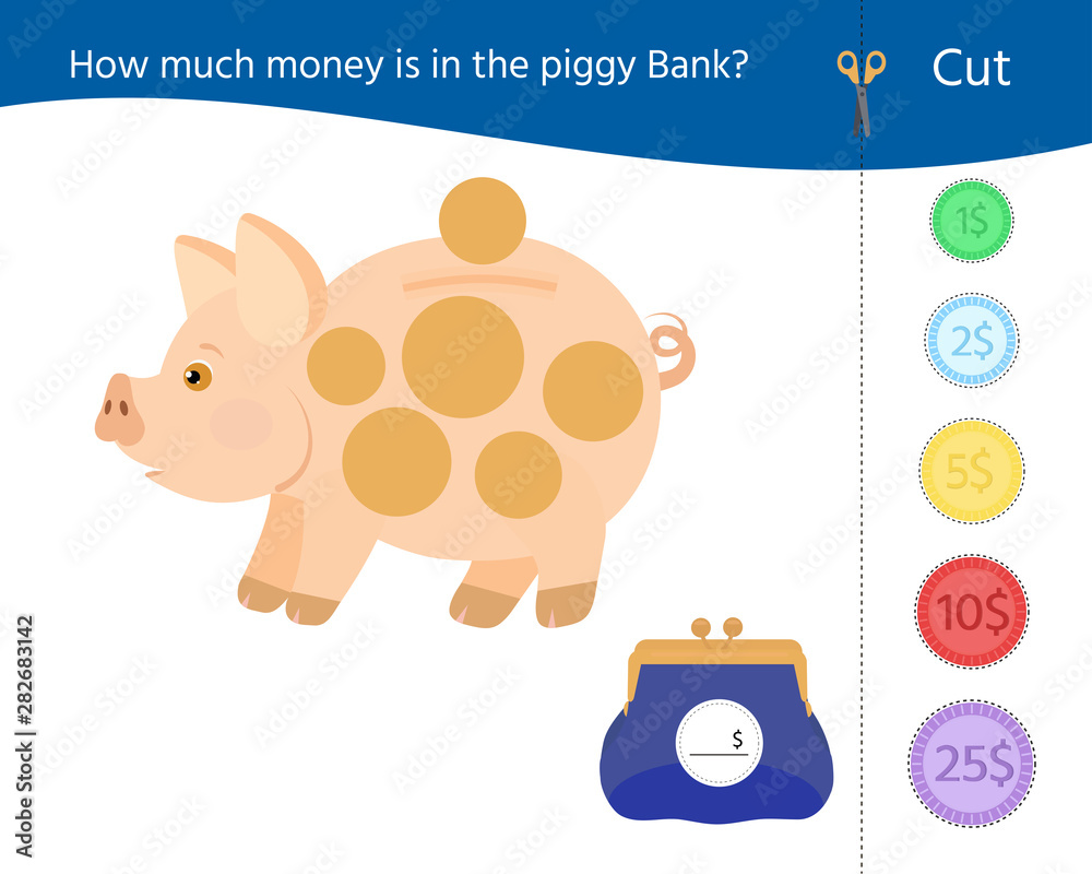 Matching education game for kids. Count the coins in piggy bank ...