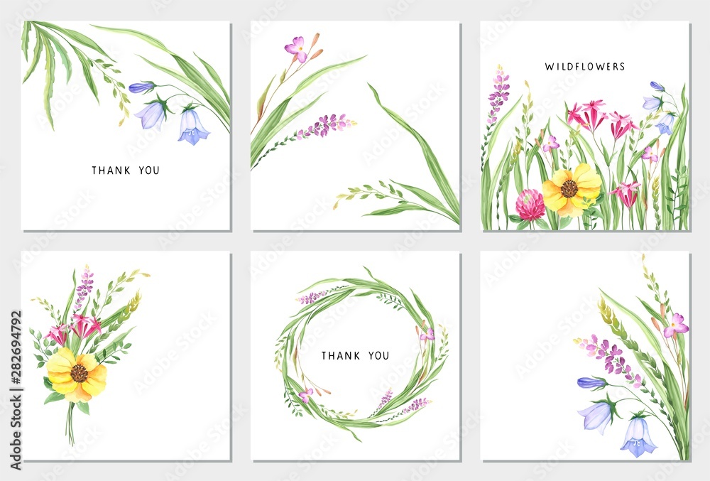 Floral set with wildflowers, cards, frames and template for your design ...