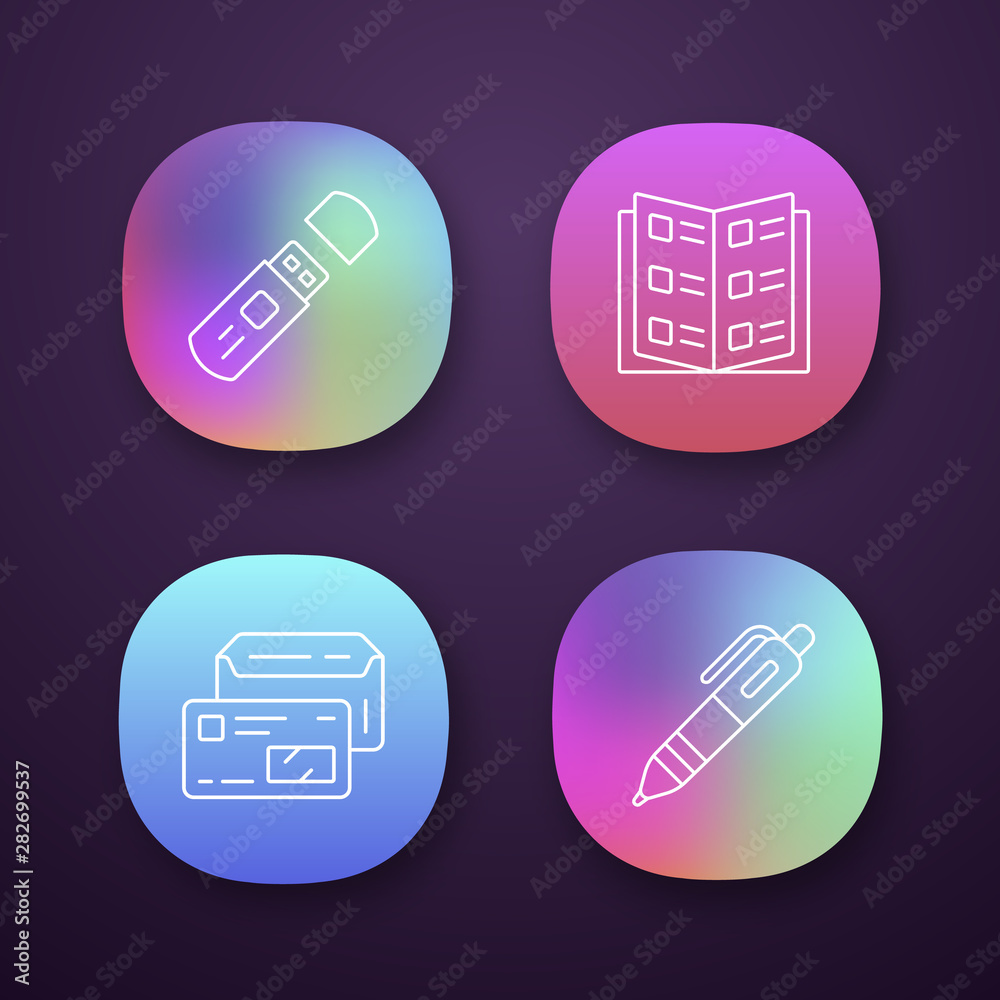 Office work attributes app icons set. UI/UX user interface. Web or ...