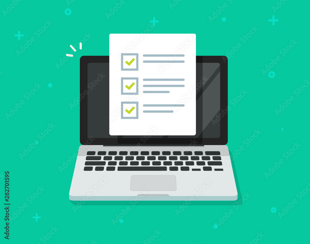 Check list document on laptop vector, flat cartoon computer with paper ...
