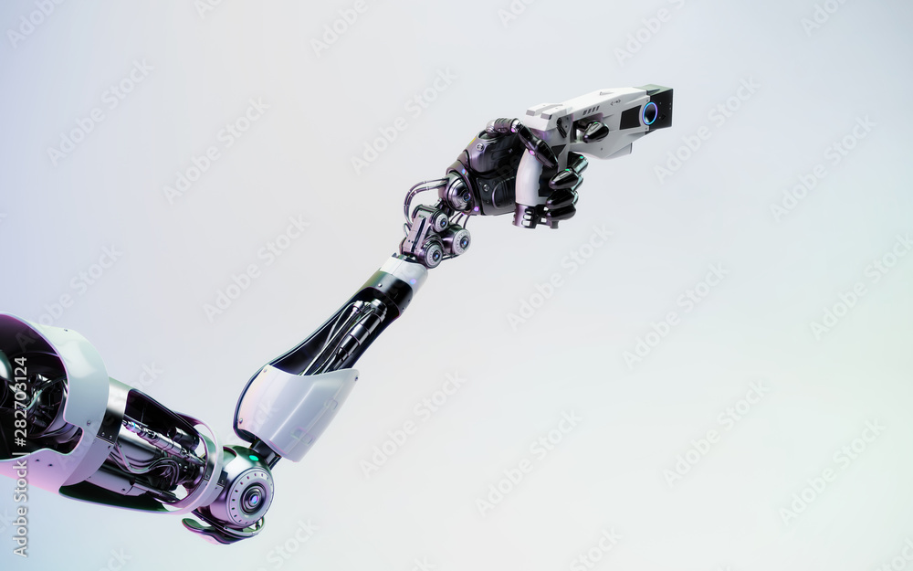 Robotic arm holding futuristic taser gun, 3d rendering Stock ...