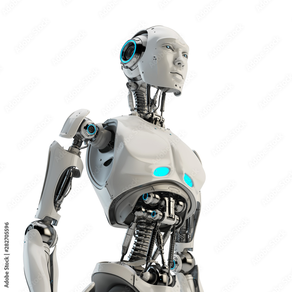 Poster Smart handsome robot male with an open mechanical digestive ...