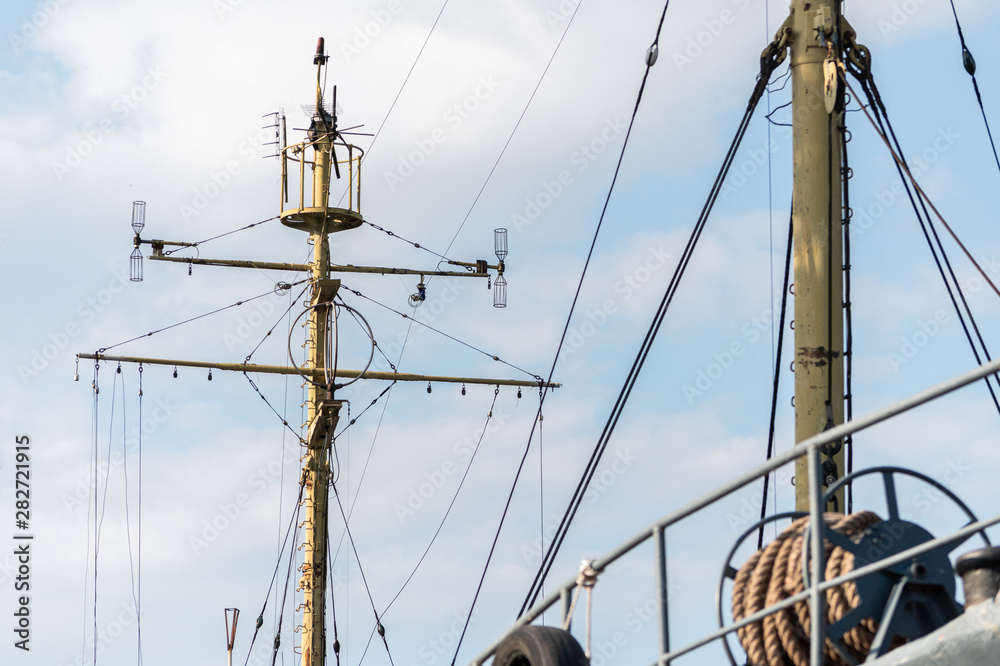 Ship mast of frigate, longboat or navy battleship. Metal mast pole ...