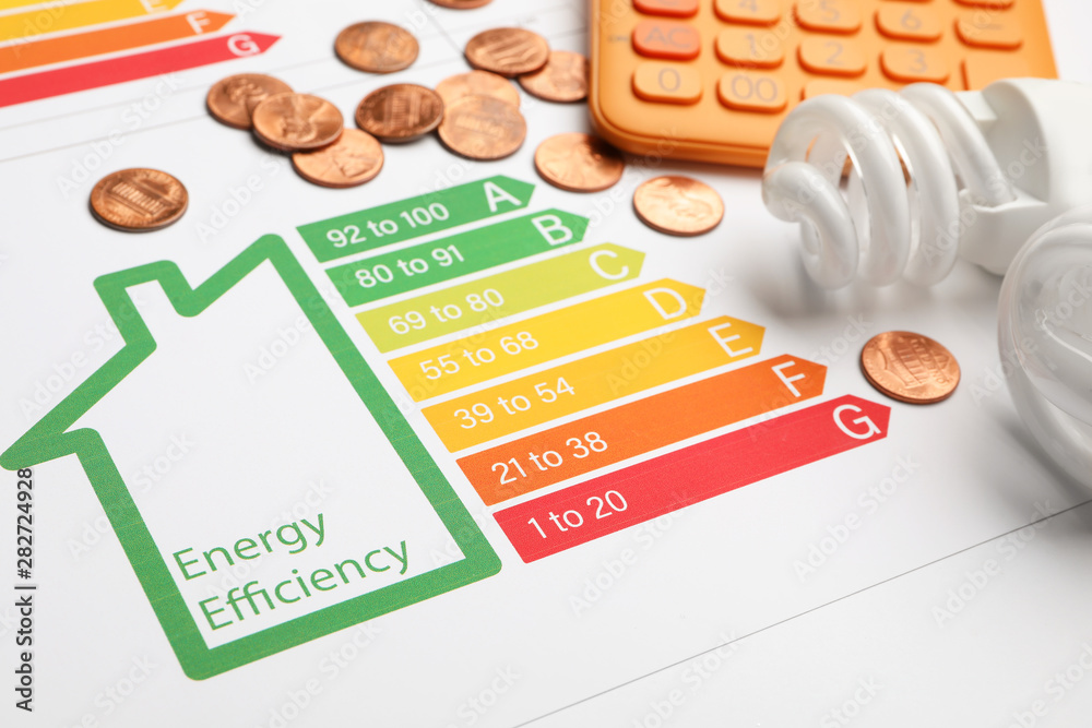 Energy efficiency rating chart with light bulbs, coins and calculator ...