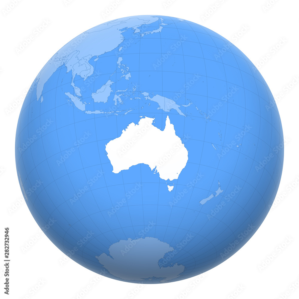 Australia on the globe. Earth centered at the location of the ...