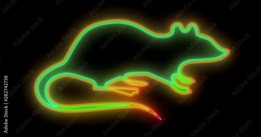 Neon rat (mouse) silhouette - outline neon glowing in 7 rainbow colors ...