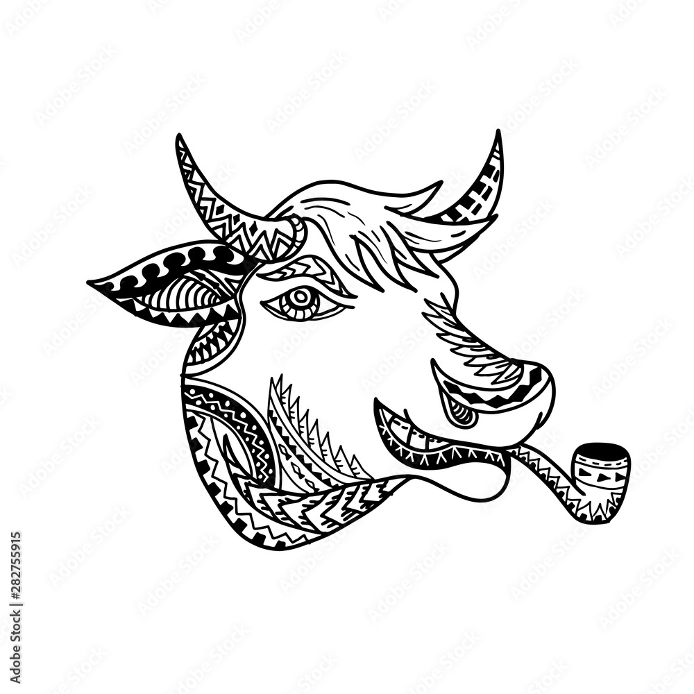 Tribal tattoo style illustration of a cow, heifer or bull head, smoking ...