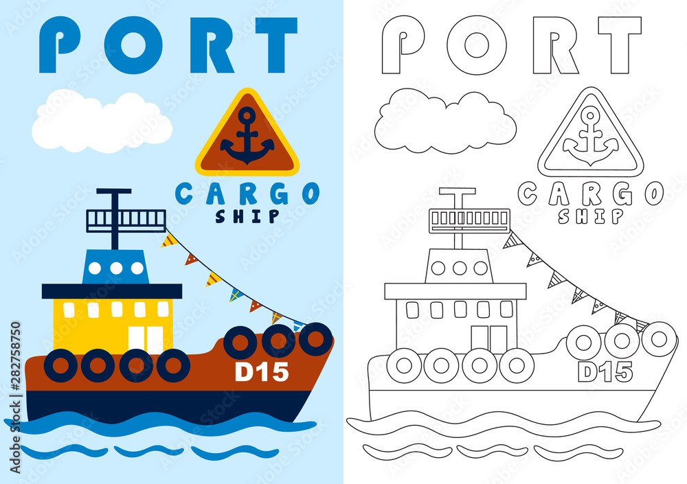 coloring book ship in port, vector cartoon Stock Vector | Adobe Stock